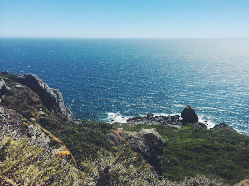 Person sitting on a cliff overlooking a vast ocean under a clear blue sky.